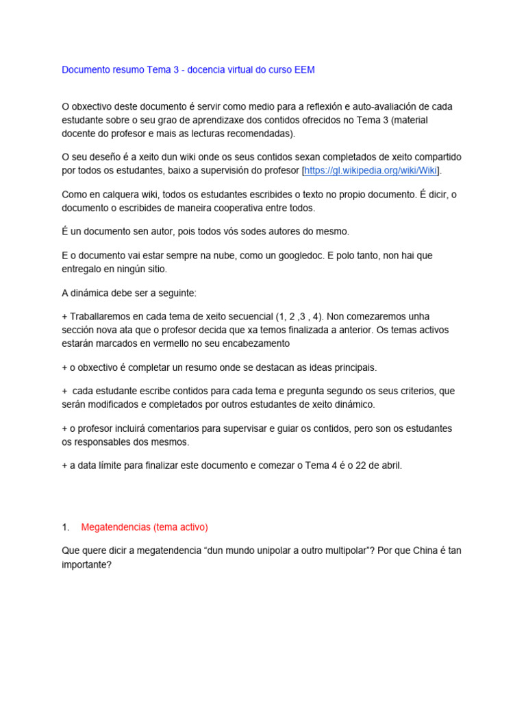 Documento Resumo Tema 3 - Docencia Virtual Do Curso EEM | PDF