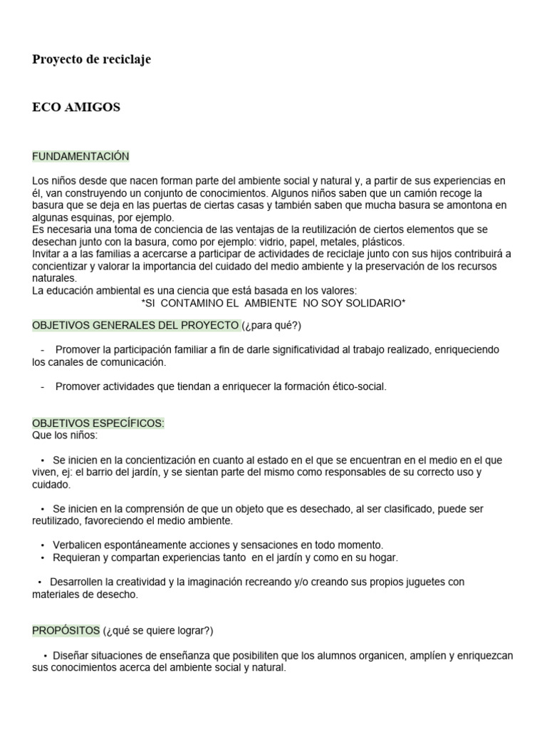 Proyecto De Reciclaje Pdf Residuos Reciclaje