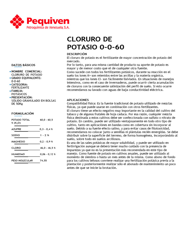 Cloruro de Potasio | PDF | Fertilizante | Potasio
