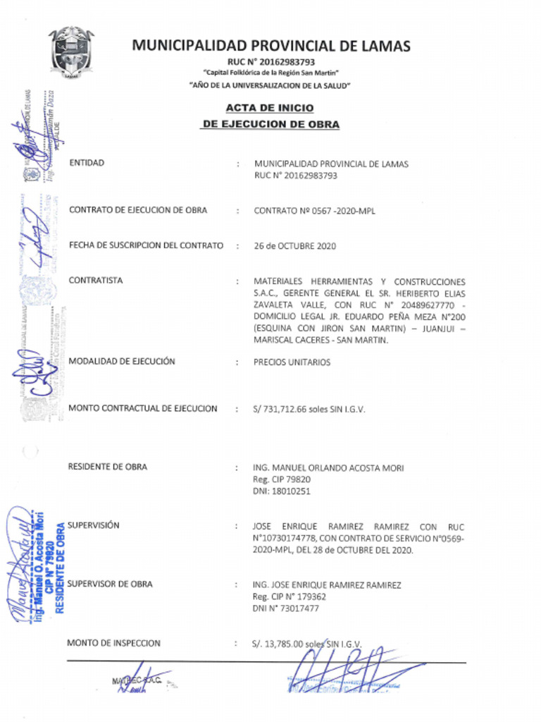 Acta de Inicio de Ejecucion de Obra | PDF