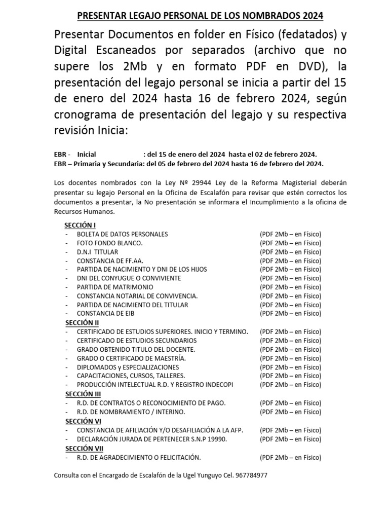 PRESENTAR LEGAJO PERSONAL DE LOS NOMBRADOS 2024 - Yunguyo | PDF ...