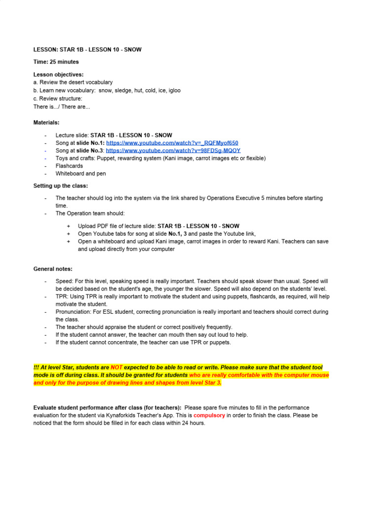 Lesson: Star 1B - Lesson 10 - Snow Time: 25 Minutes Lesson Objectives | PDF