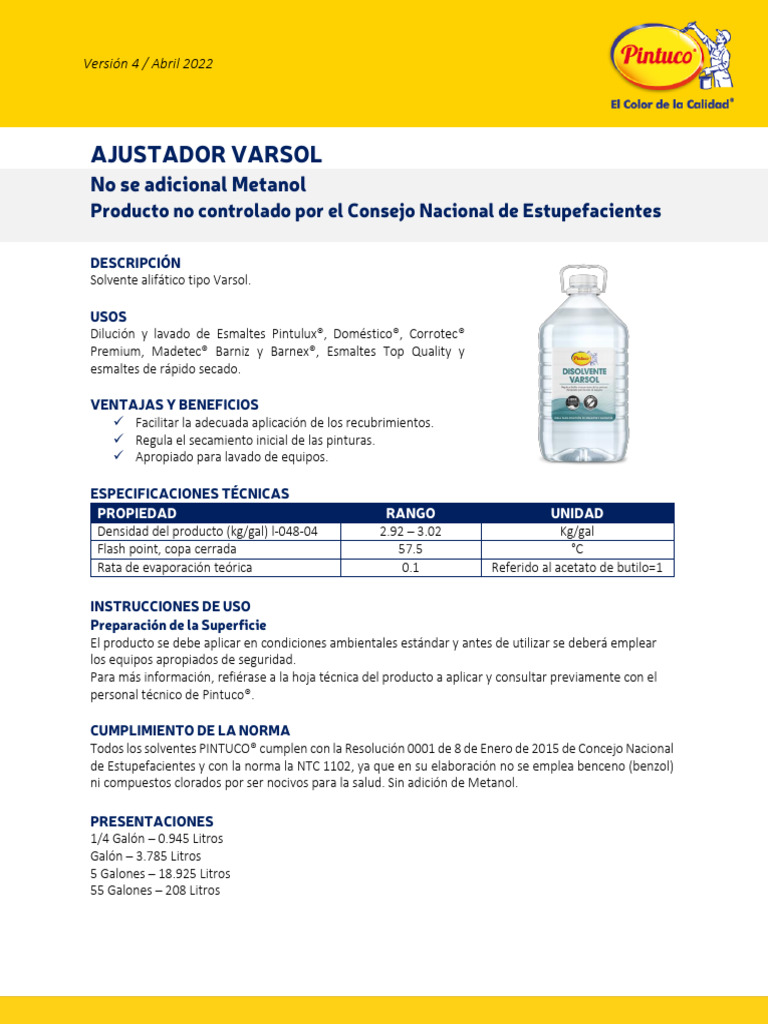 Ficha Tecnica Varsol | PDF | Calidad (comercial)