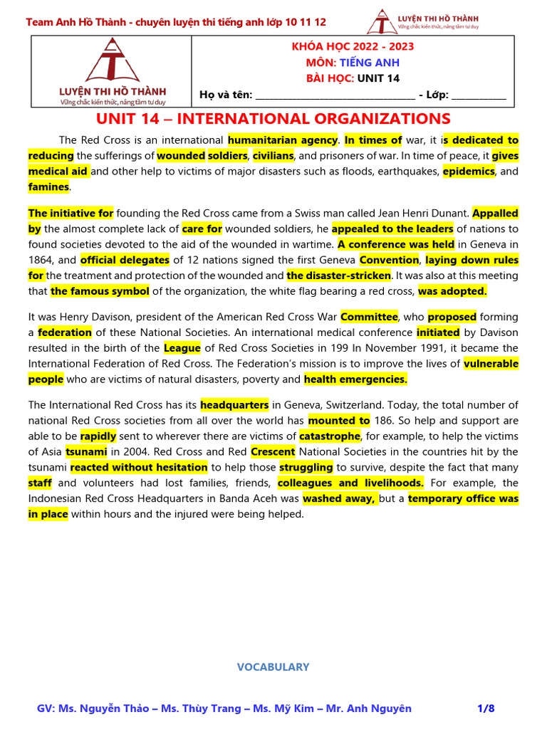 Unit 14 - International Organizations: Tiếng Anh | PDF | International ...