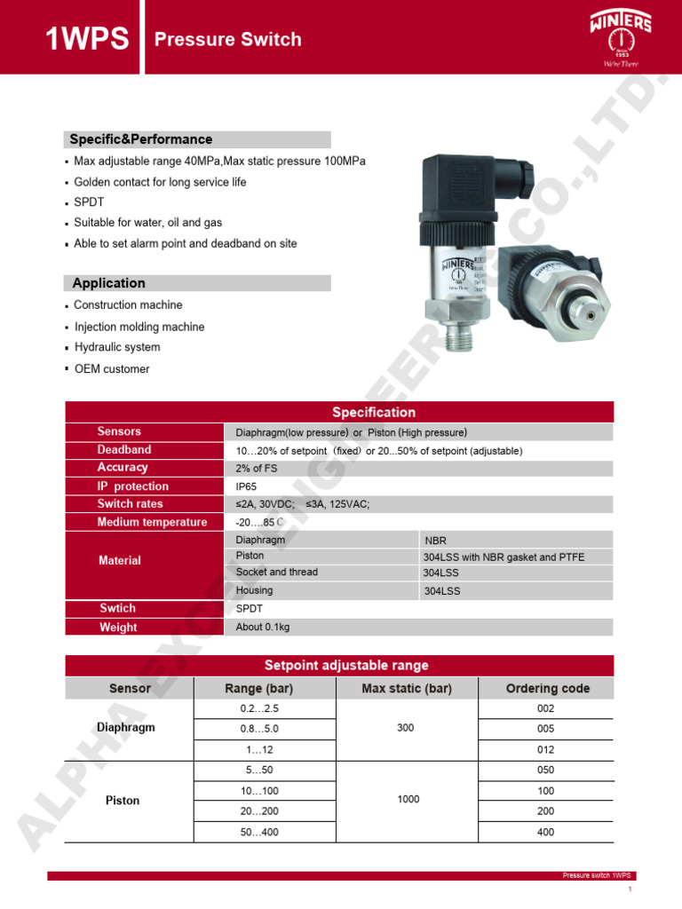 Winters - 1WPS - Pressure Switch | PDF | Switch | Equipment