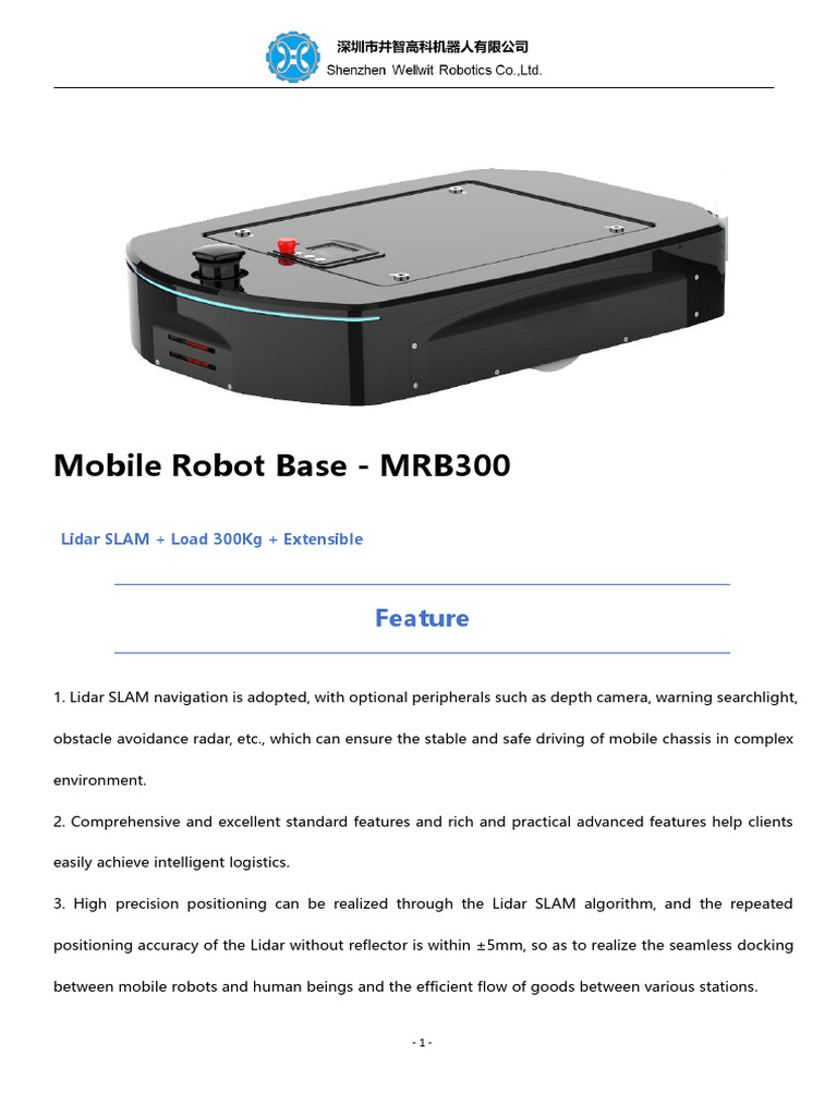 Mobile Robot Base - MRB300: Feature | PDF | Lidar | Robot