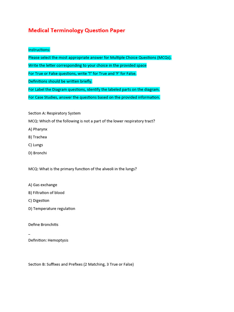 Mock Test - Medical Terminology | PDF | Respiratory Tract | Lung