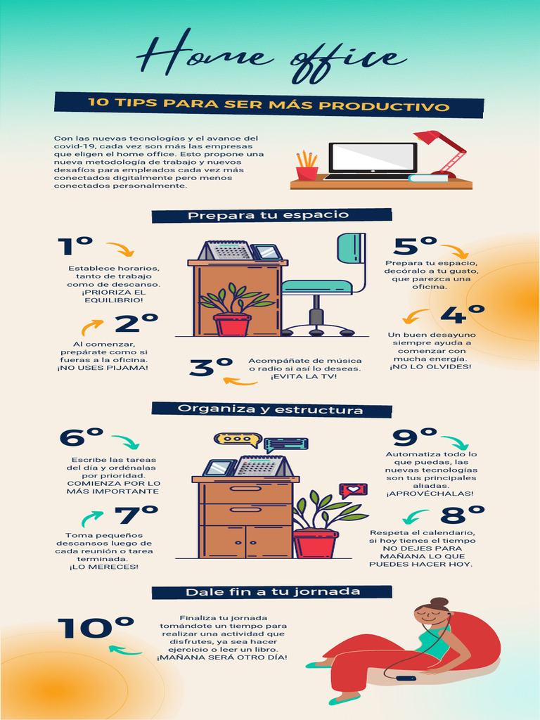 Infografía 10 Tips Home Office Moderno Estructurado Turquesa Naranja | PDF