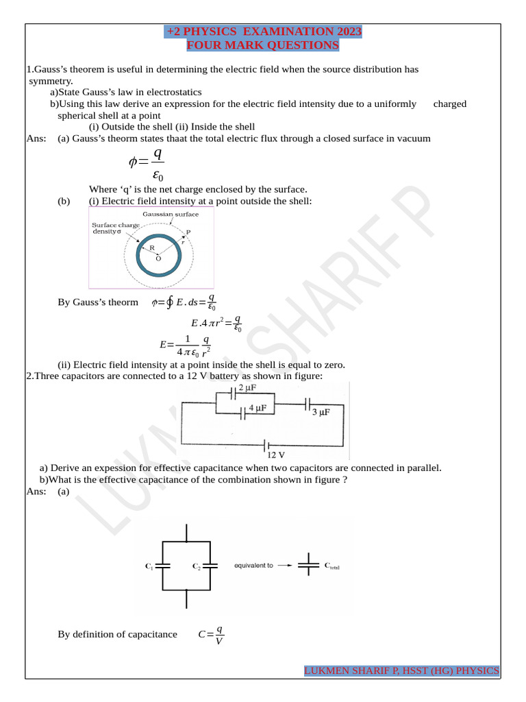 +2 Four Mark Questions-2023 | PDF | Rectifier | Electromagnetic Induction