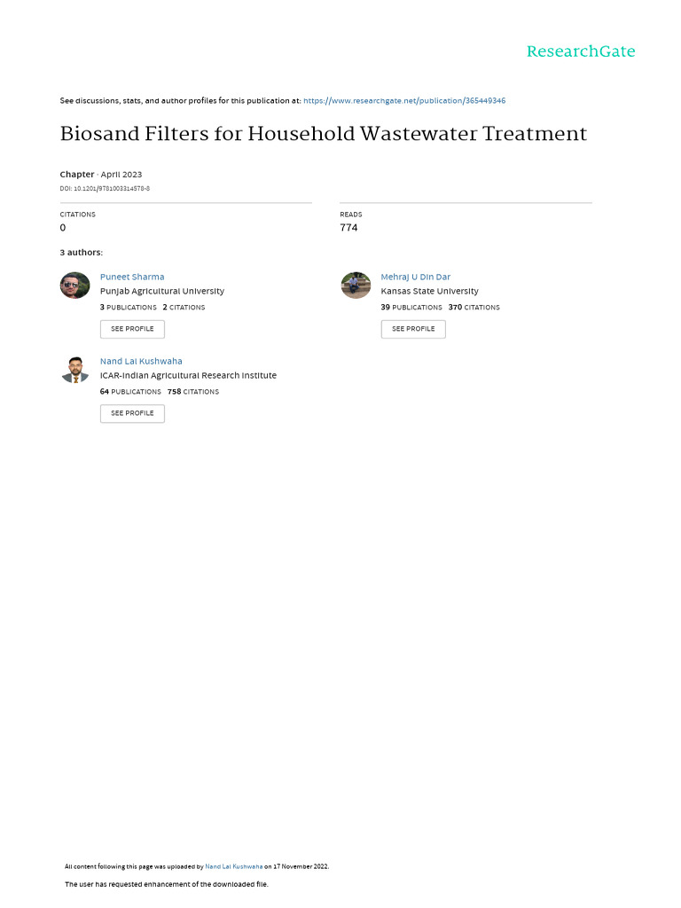 Biosand Filters For Household Wastewater Treatment: April 2023 | PDF | Filtration | Water ...