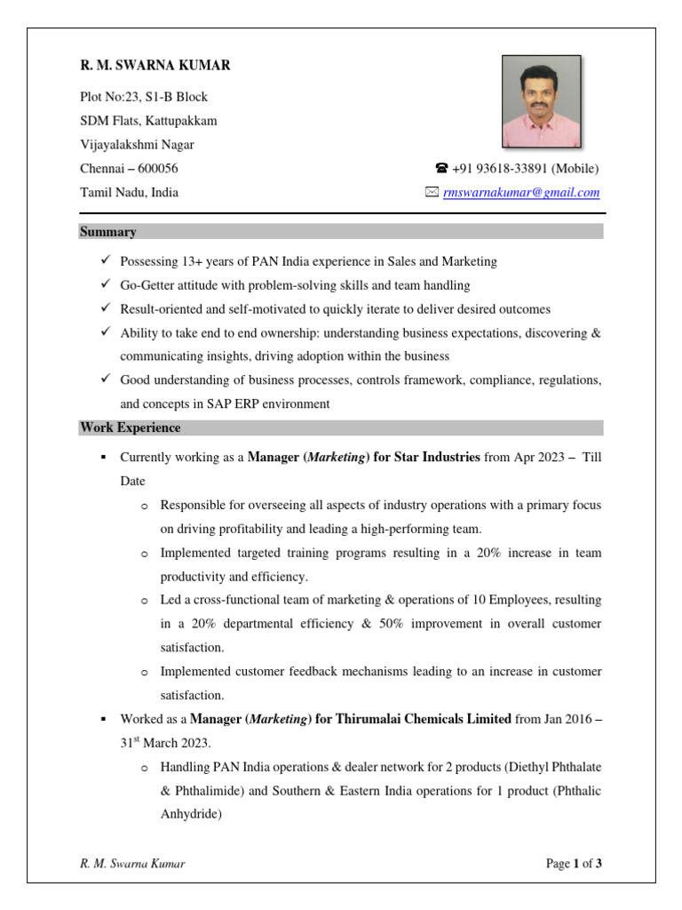 RM. Swarna Kumar - Profile | PDF | Sales | Marketing