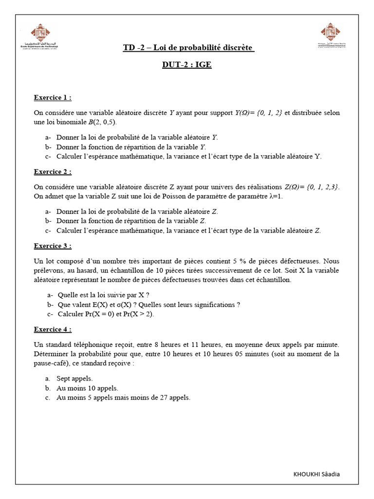 TD Variable Aléatoire Loi Discrete | PDF | Méthodes et références pédagogiques