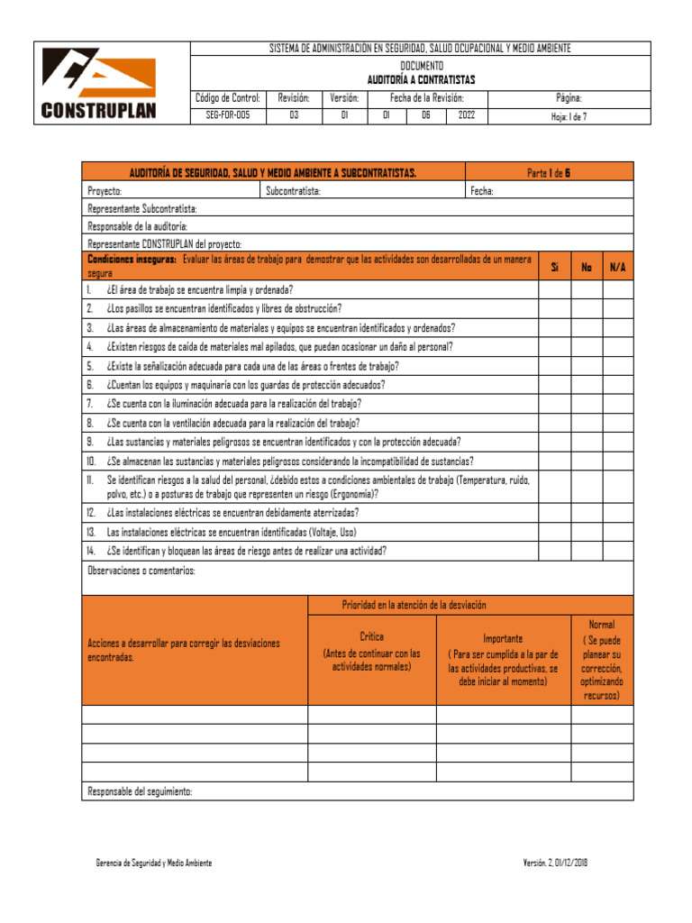 SEG-FOR-005 Auditoría A Contratista | PDF | Auditoría | Seguridad y salud ocupacional