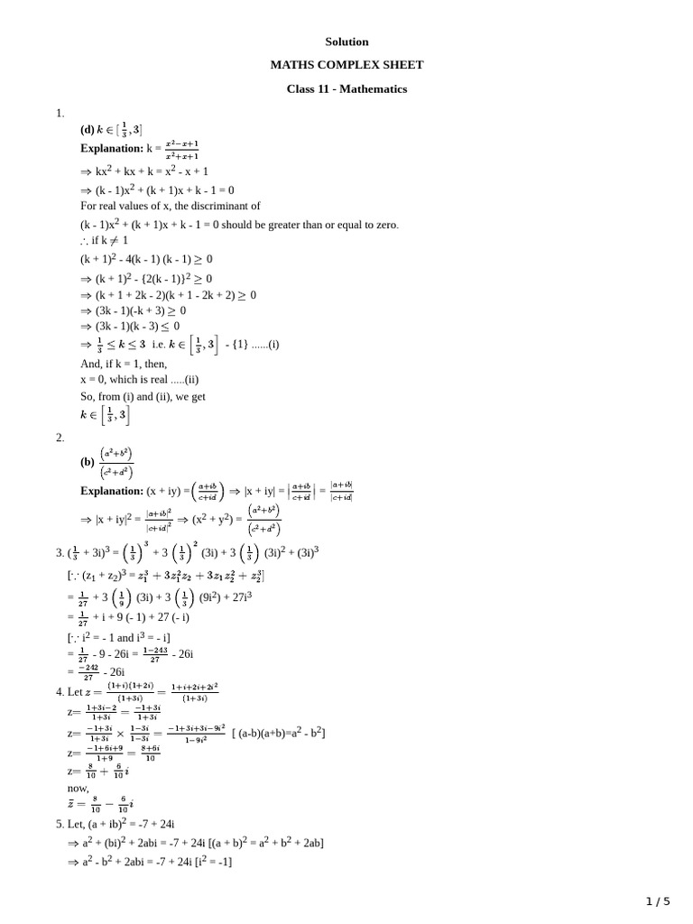 Class 11 Complex Numbers Solutions | PDF | Complex Number | Algebra