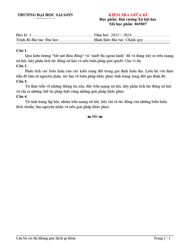 Kiem Tra Giưa Kì Và Cuối Ki - ĐC XHH - 2023 | PDF