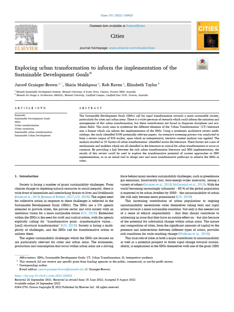 Exploring Urban Transformation To Inform The Implementation of The SDGs ...