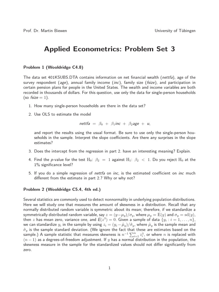 Applied Econometrics Problem Set 3 | PDF | Econometrics | Applied Statistics