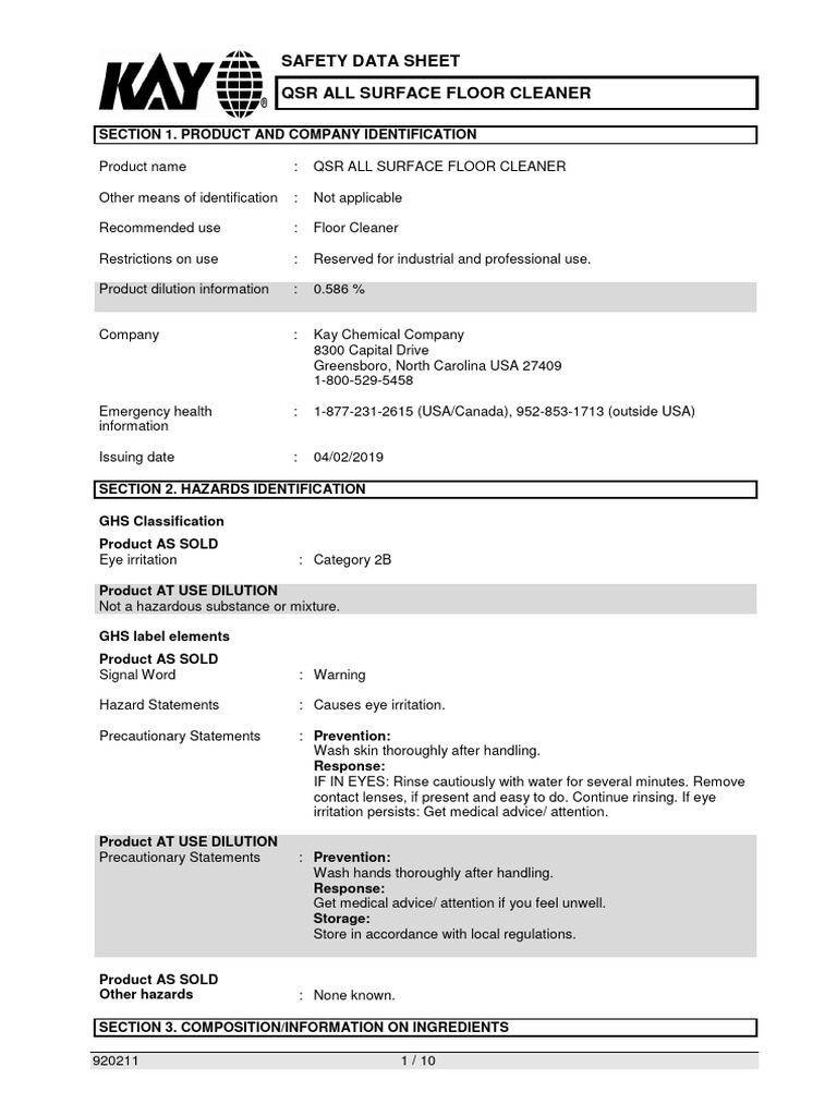 Safety Data Sheet QSR All Surface Floor Cleaner | PDF | Toxicity | Dangerous Goods