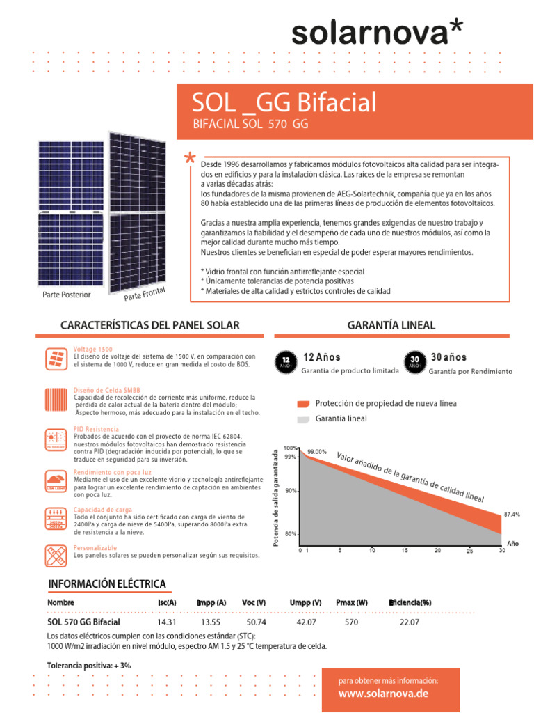 Ficha Solarnova 570W - Bifacial | PDF | Fotovoltaica | Panel solar