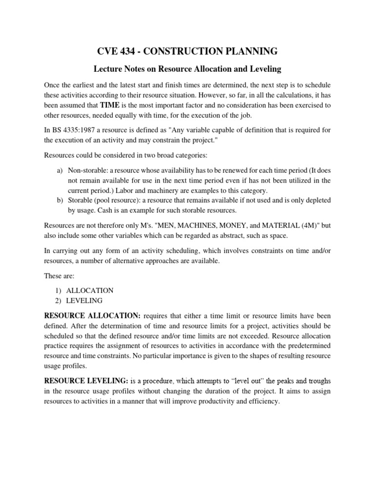 Lecture Notes Resource Leveling Pdf Applied Mathematics Economies