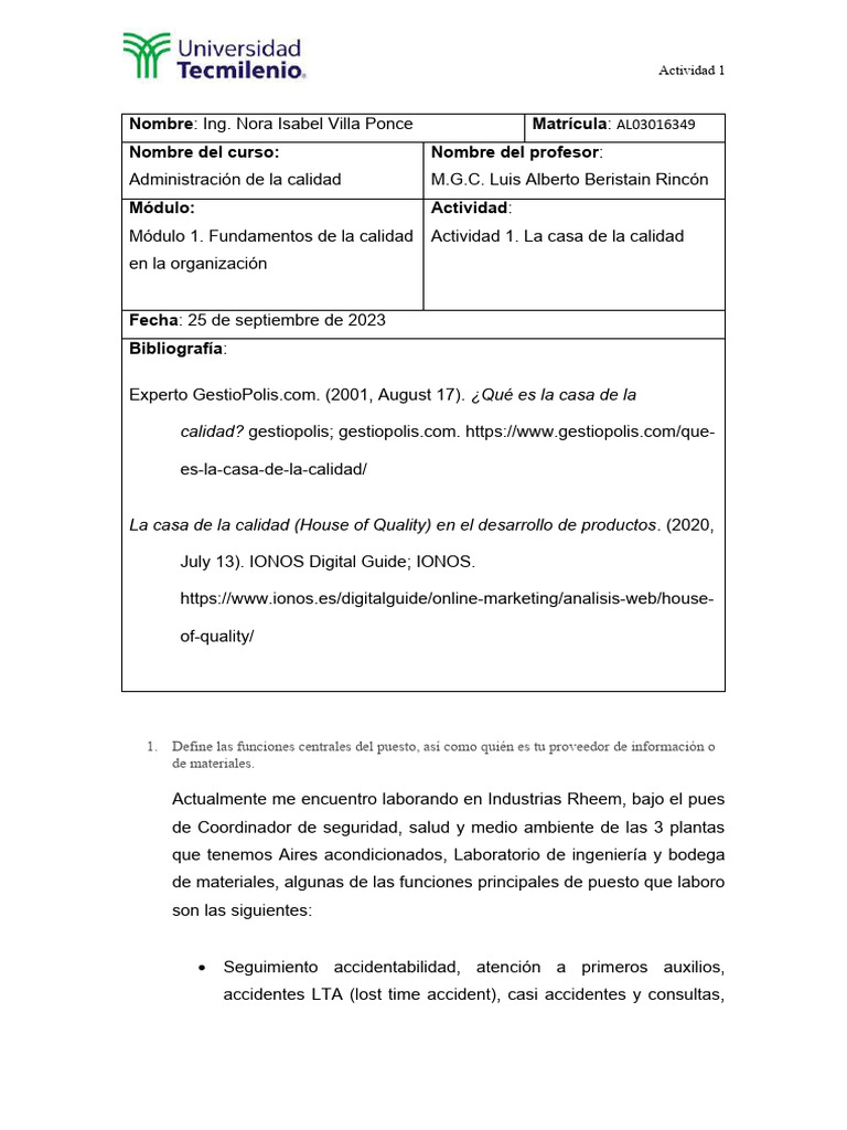Actividad 1 Administracion de La Calidad | PDF | Calidad (comercial) | Cliente