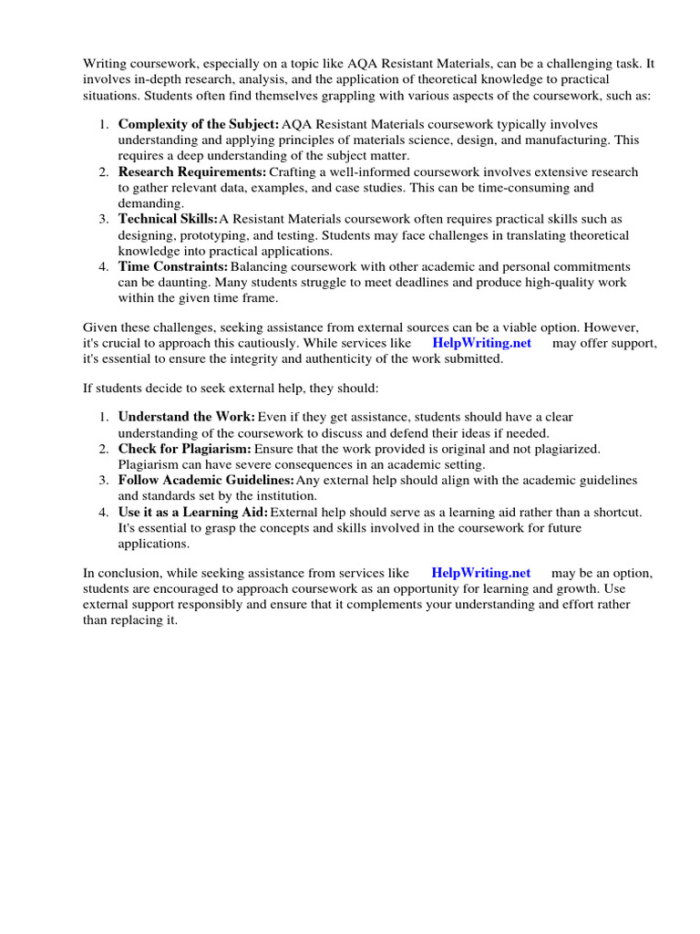 Aqa Resistant Materials Coursework Examples | PDF