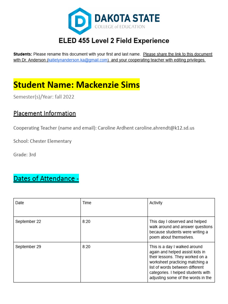 Mackenzie Sims of f2f Eled 455 Field Experience Documentation 1 | PDF ...