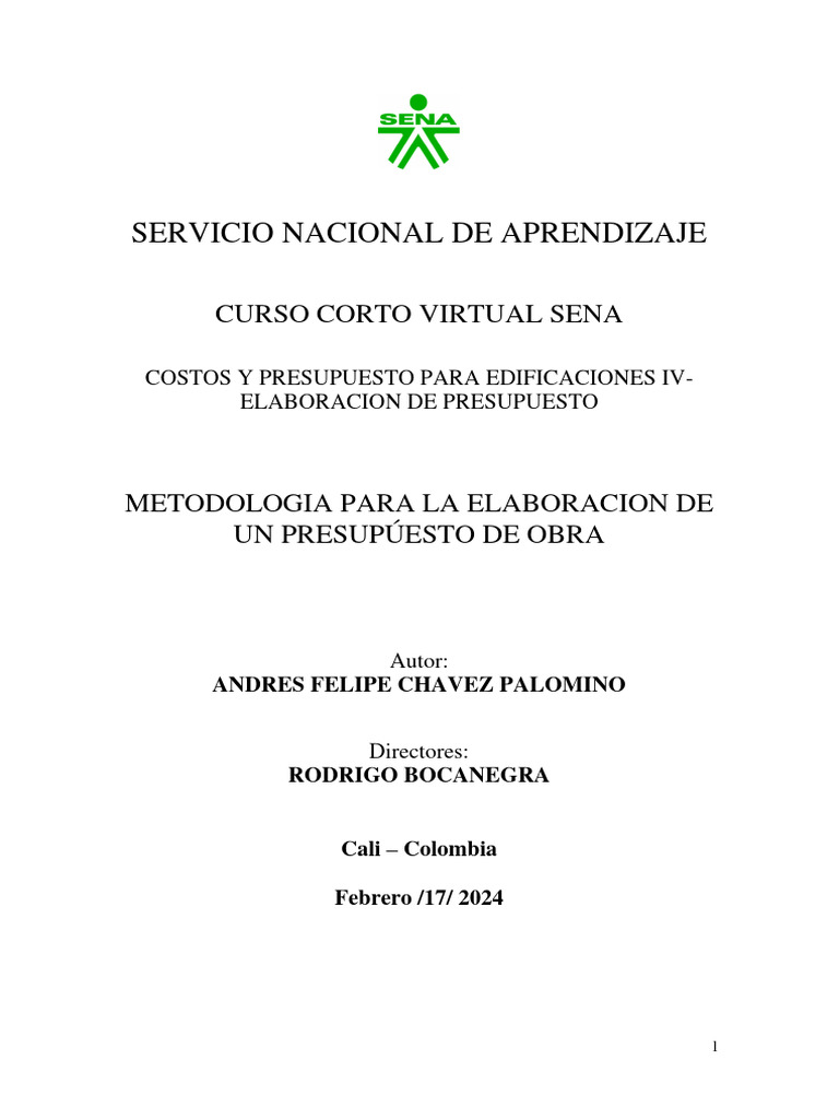 Informe Escrito METODOLOGIA DE PRESUPUESTO DE OBRA - ANDRES FELIPE CHAVEZ PALOMINO | PDF ...
