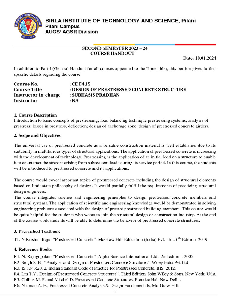 Design of Prestressed Conc. Structures Course Handout | PDF ...