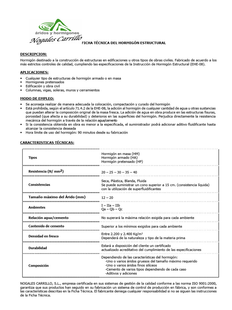 Ficha Técnica Hormigón Estructural | PDF