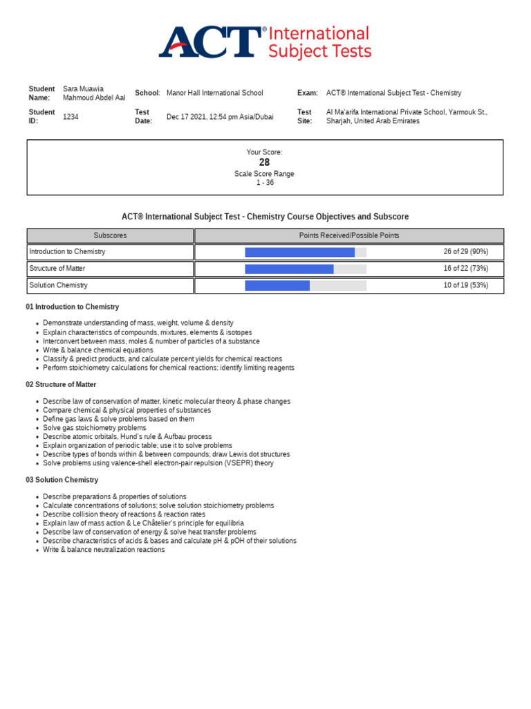 Act Chemistry Score | Download Free PDF | Chemistry | Chemical Reactions