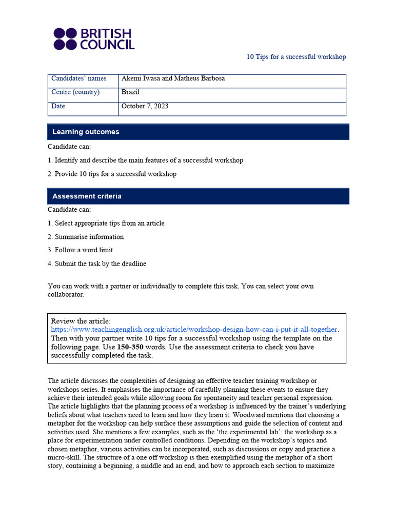 Akemi and Matheus - Week 7 - Workshop Tips | PDF | Education Theory | Communication
