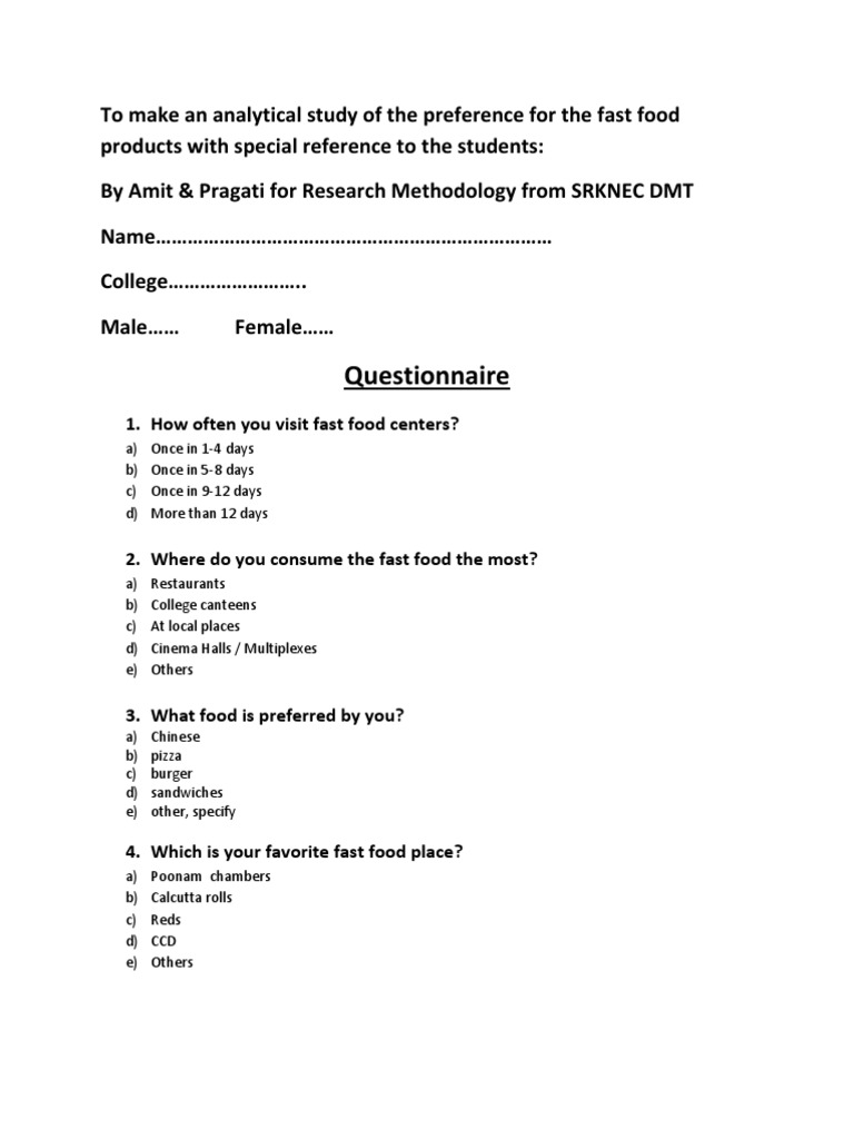 Student Fast Food Preferences Study | PDF