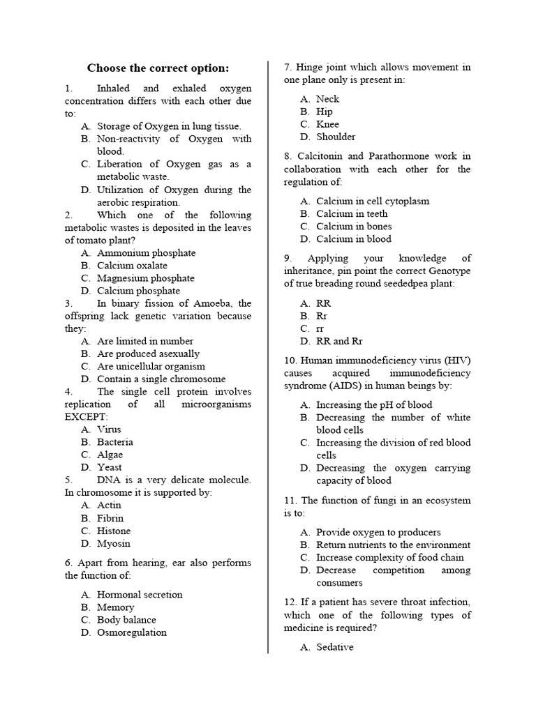 50 MCQS 10th Bio | PDF | Cell (Biology) | Blood