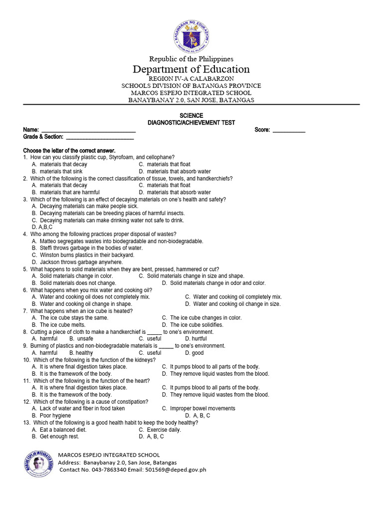 Pre Test Science | PDF