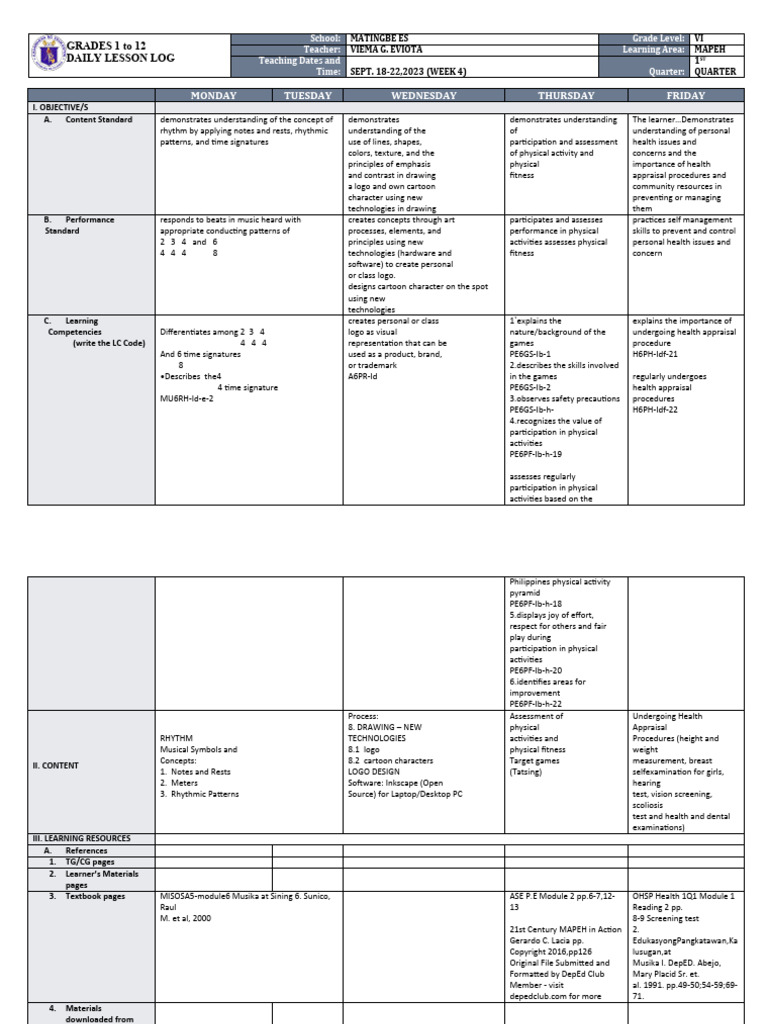 DLL - Mapeh 6 - Q1 - W4 | PDF | Learning | Teachers