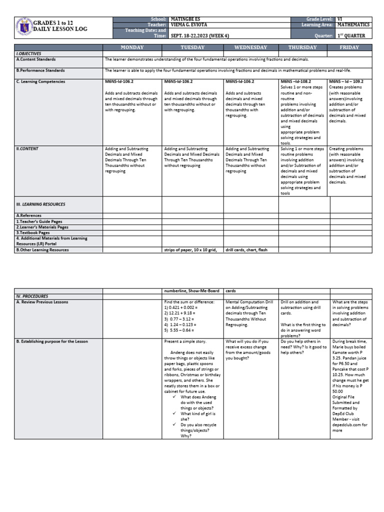 DLL - Mathematics 6 - Q1 - W4 | PDF