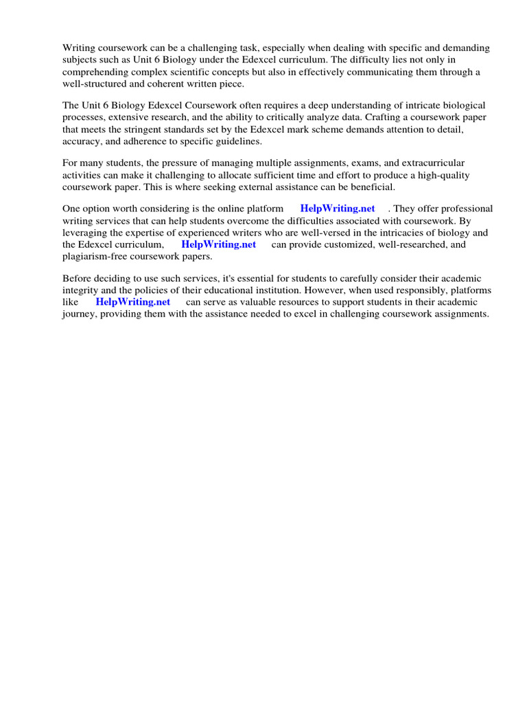 Unit 6 Biology Edexcel Coursework Mark Scheme | PDF