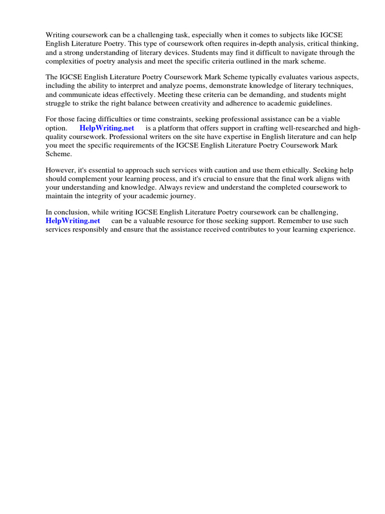 Igcse English Literature Poetry Coursework Mark Scheme | PDF | Poetry | Knowledge