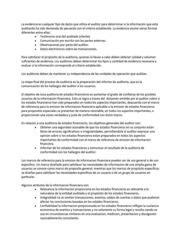 La Evidencia Es Cualquier Tipo de Datos Que Utiliza El Auditor para ...