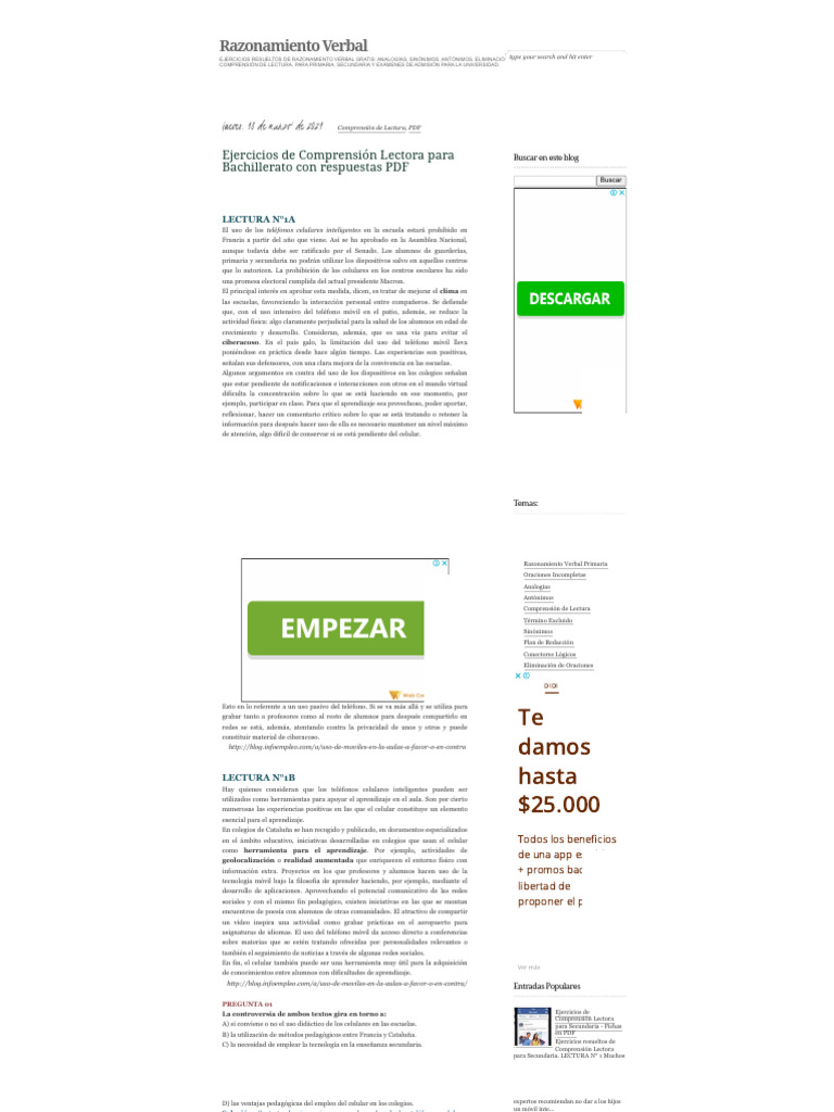 Ejercicios de Comprensión Lectora para Bachillerato Con Respuestas PDF - Razonamiento Verbal ...