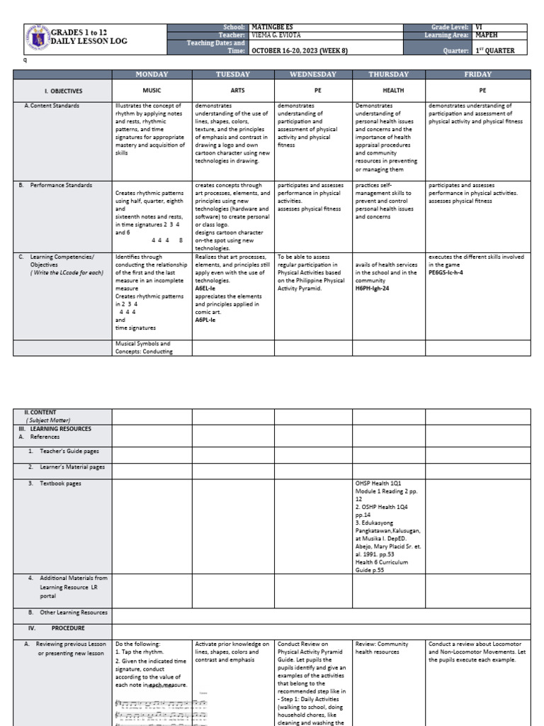 DLL - Mapeh 6 - Q1 - W7 | PDF | Rhythm | Learning