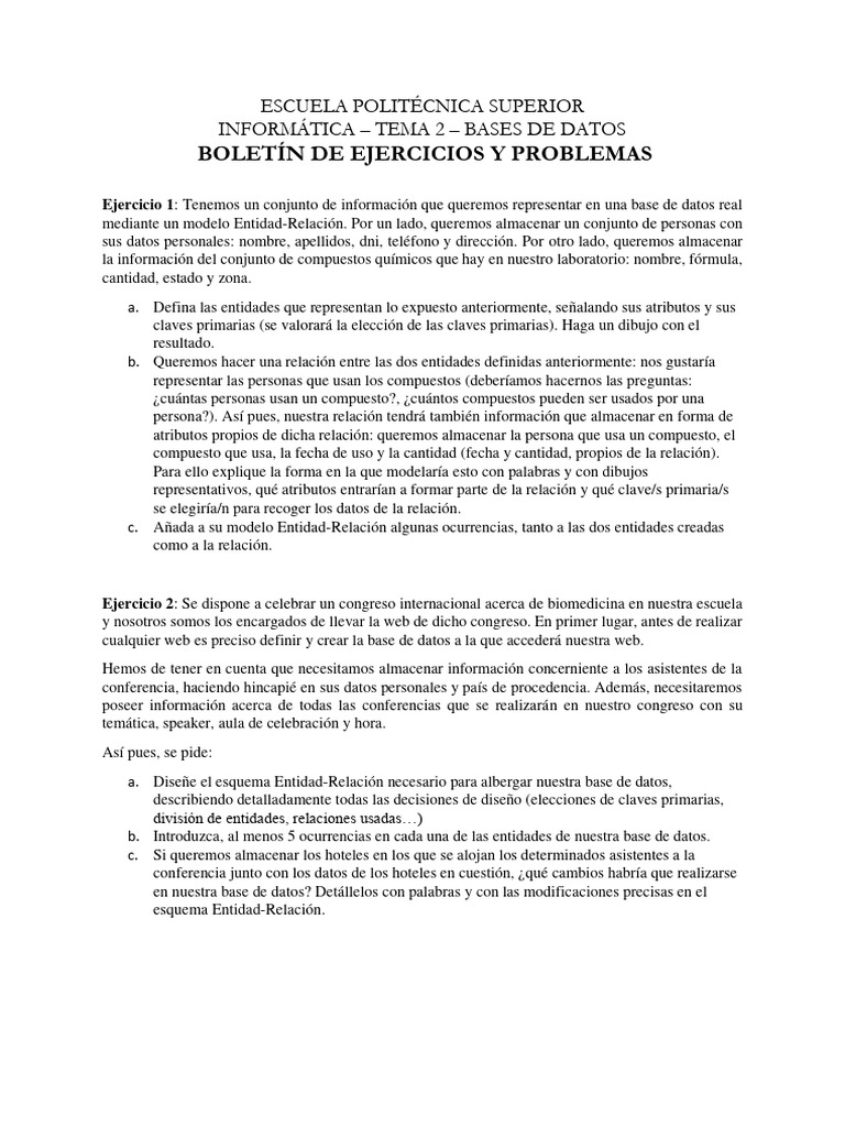 Boletín Tema 2 - Bases de Datos y Modelos ER | PDF | Bases de datos | Información