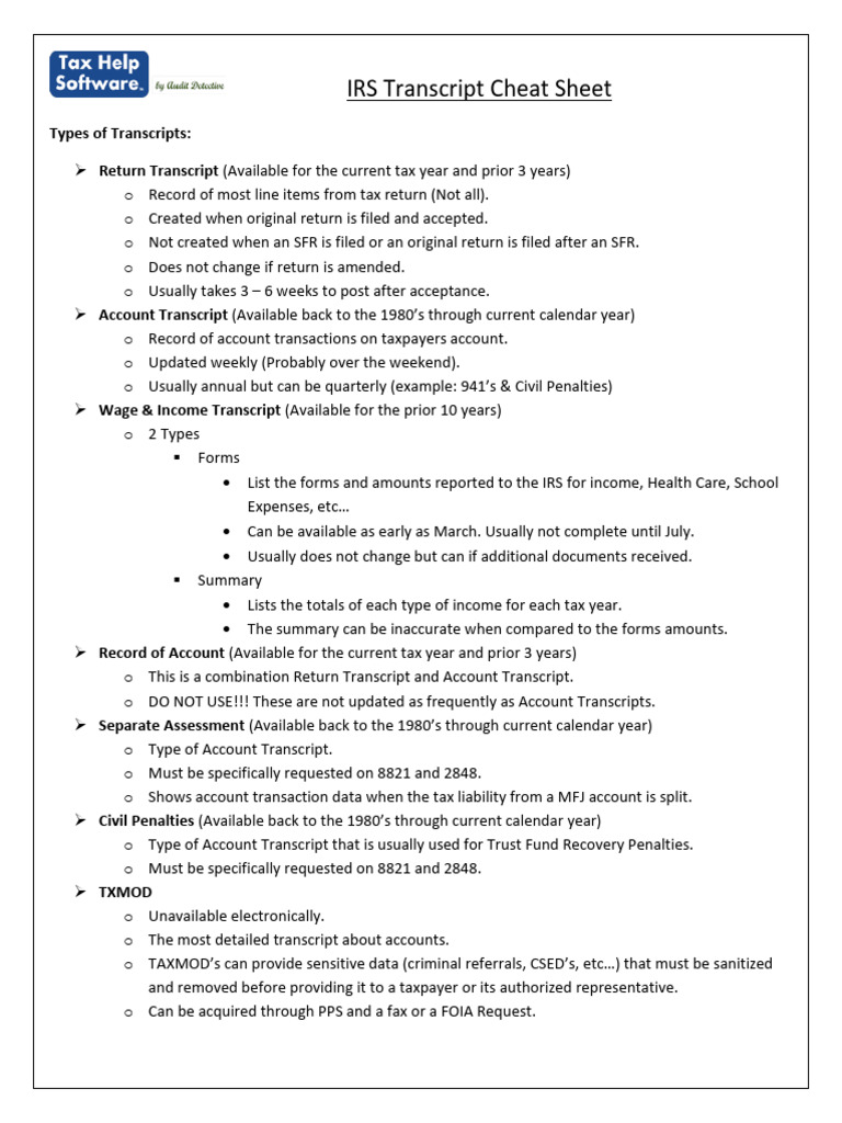 IRS Transcript Types and Access Guide | PDF | Taxes | Internal Revenue ...