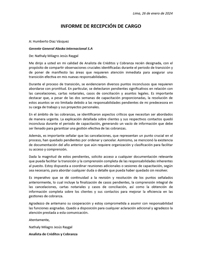 Informe de Recepción de Cargo | PDF