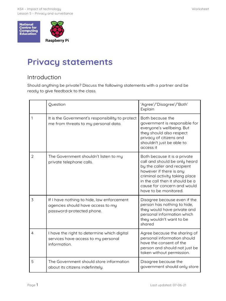 (Template) Worksheet 1 - Privacy Statements | PDF | Privacy | Surveillance