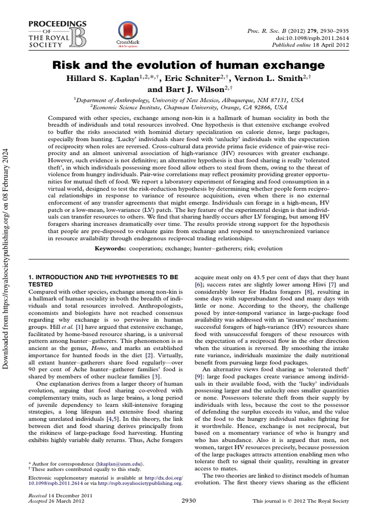 Kaplan Et Al 2012 Risk and The Evolution of Human Exchange | PDF ...