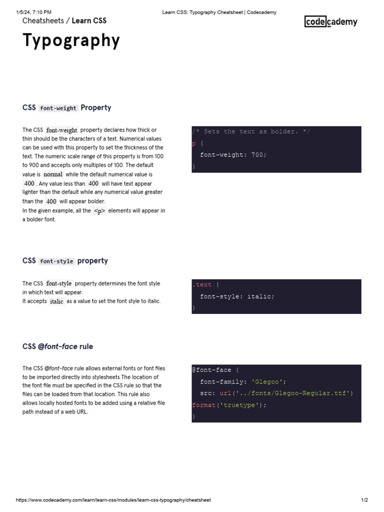 Learn CSS - Typography Cheatsheet - Codecademy | PDF | Writing | Typography