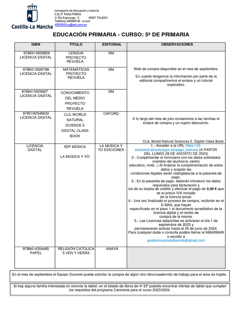 Listado Libros 5o Ed. Primaria 23-24 | PDF