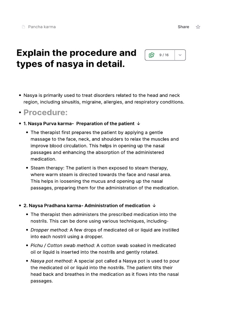 Explain The Procedure and Types of Nasya in Detail. | PDF